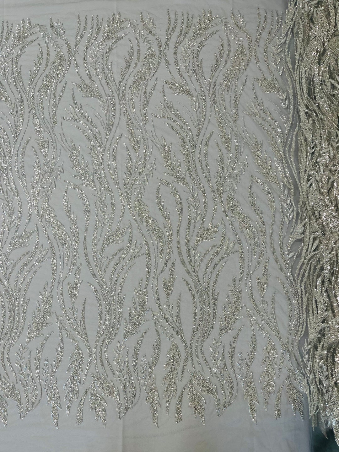 Silver Beaded Leaf Embroidered Fabric - Bridal Wedding Lace by the Yard ...