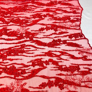 Beaded Fabric - Red - Embroidered Flower Line Mesh Lace Fabric With ...