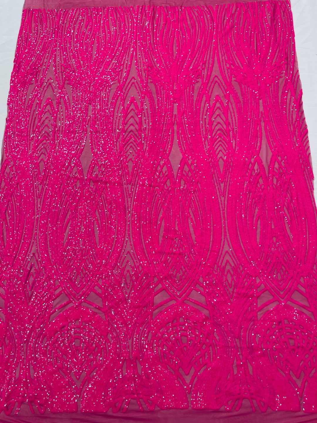 Neon Pink Sequins Fabric | 4 Way Stretch Fancy Big Damask Design ...