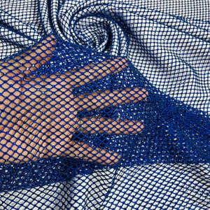 Royal Blue Rhinestone Fabric on Royal Stretch Net Fabric, Spandex Fish ...
