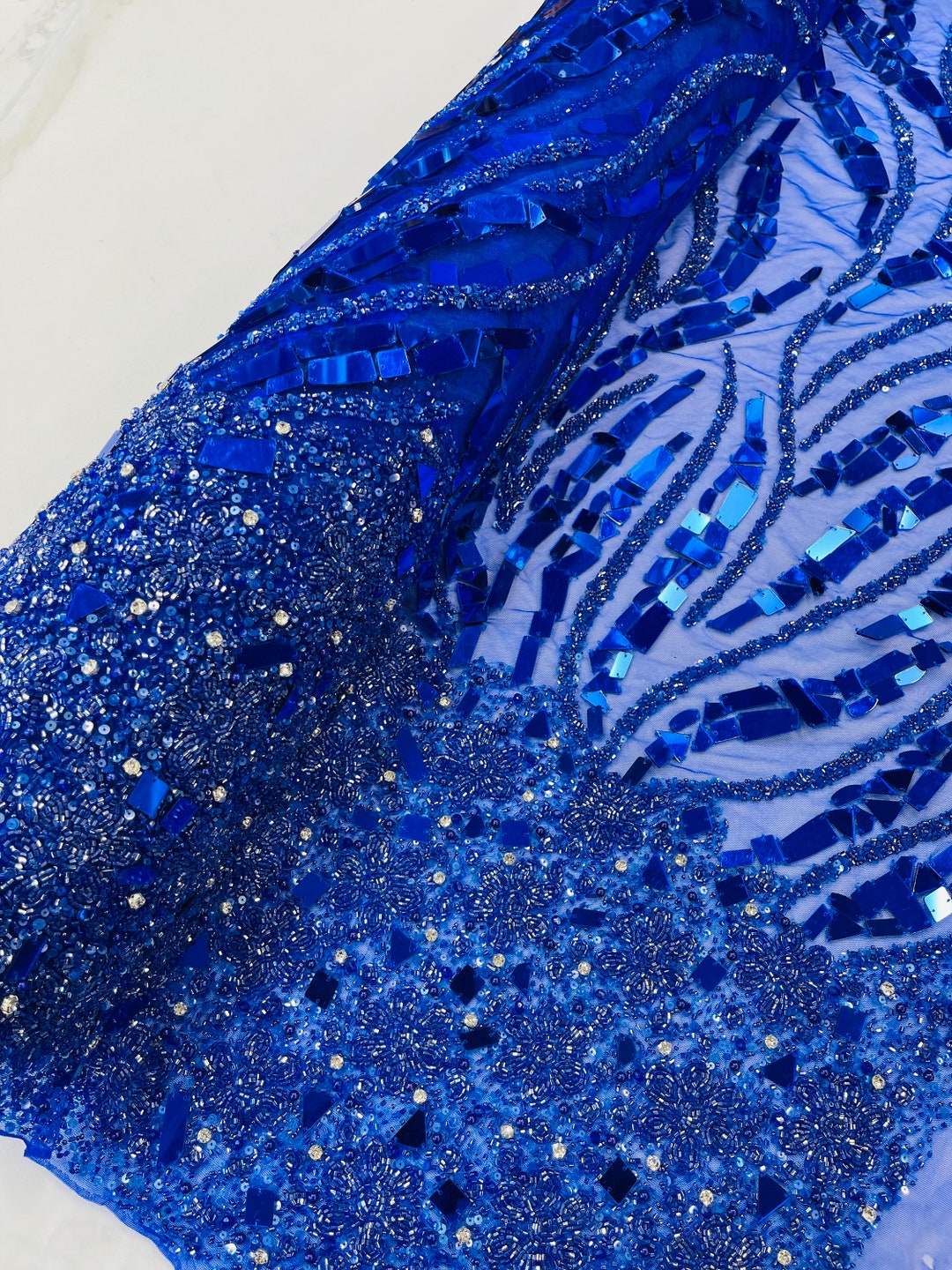 Royal Blue Fashion Beaded Fabric by the Yard | Bridal Heavy Beaded ...