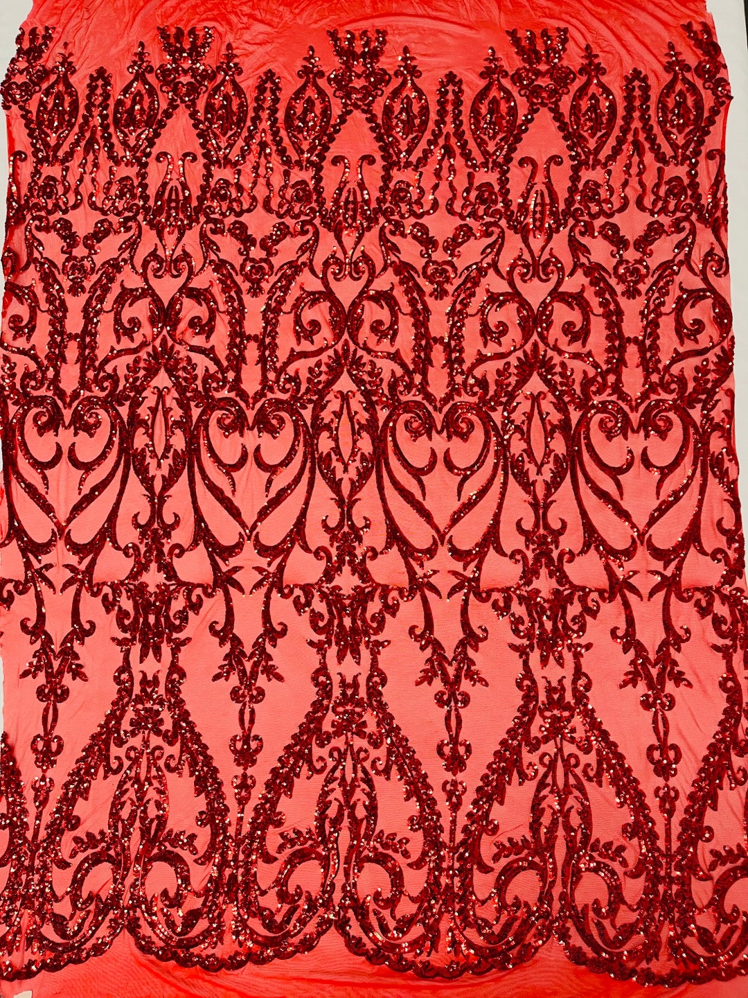 Red Damask Sequin Fabric – 4-way Stretch Spandex Mesh, Sold by the Yard ...