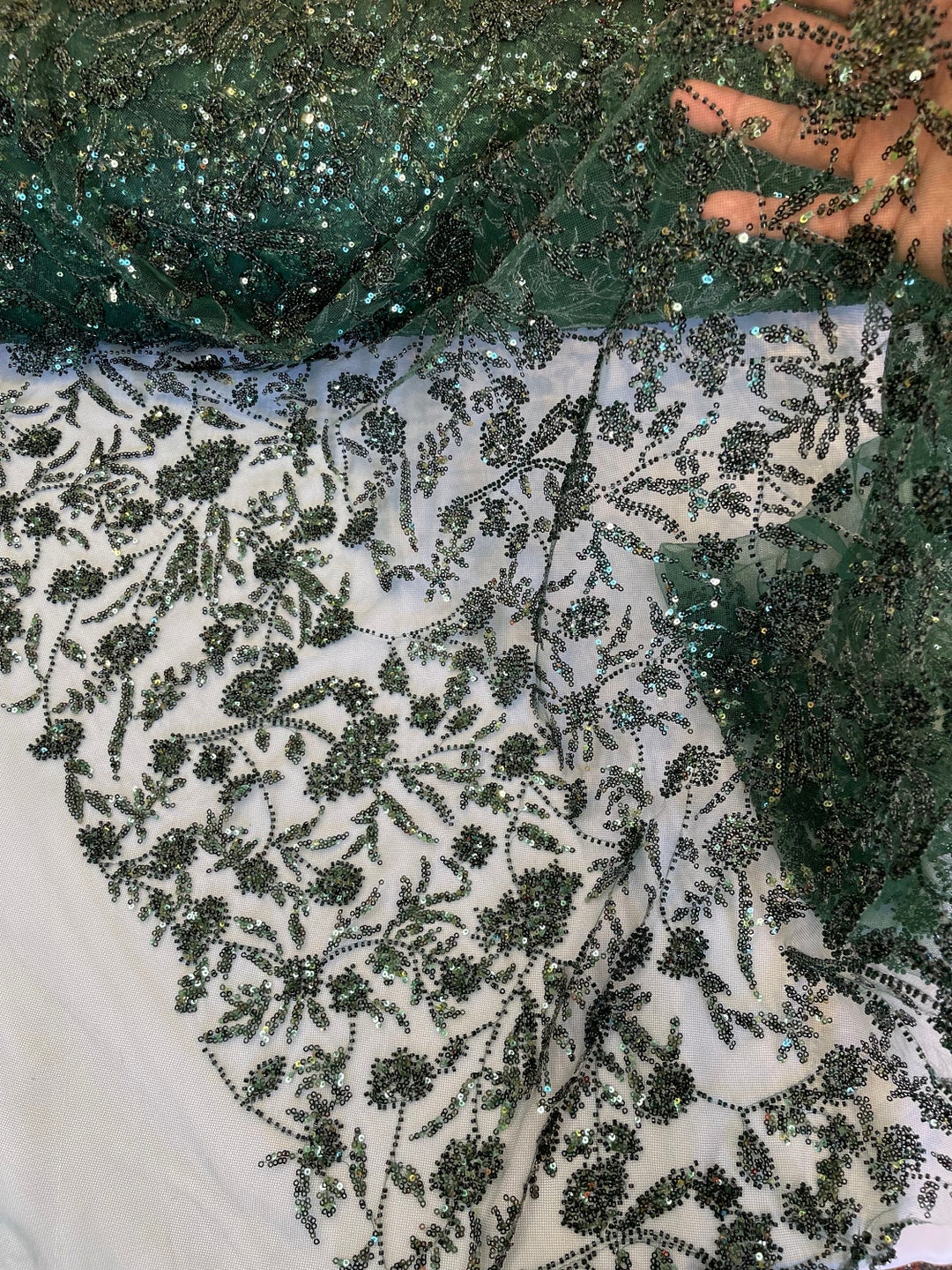 Hunter Green Beaded Floral Fabric, Lace Beads Sequin Floral Fabric by ...