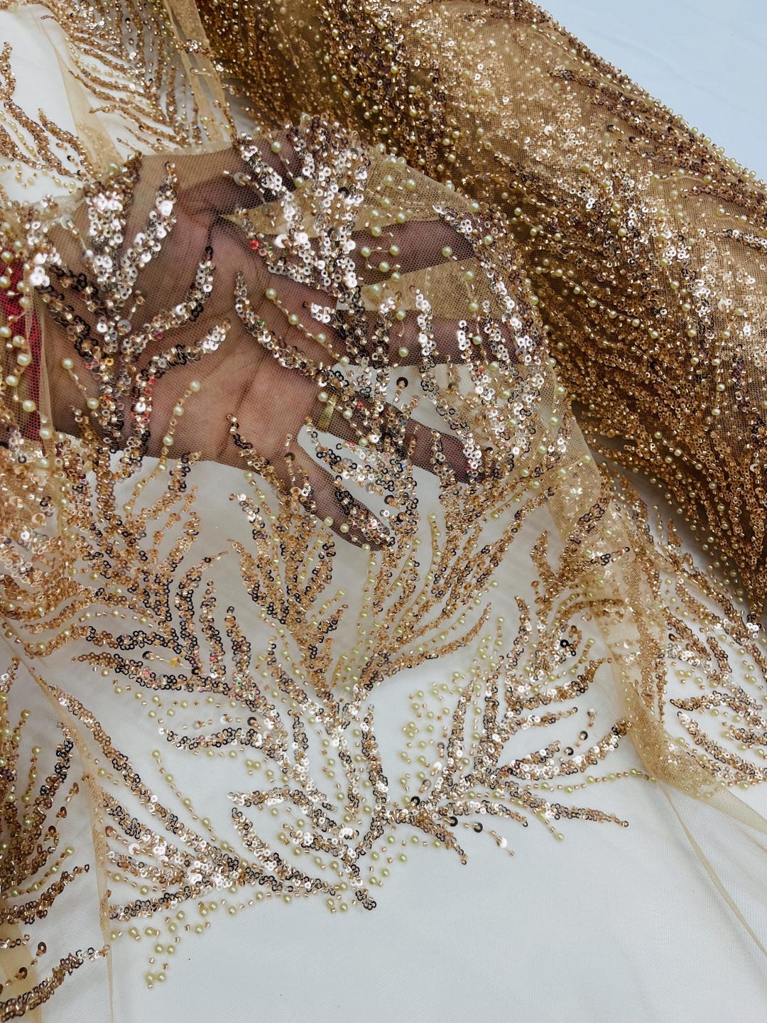 Gold Beaded Damask Fabric: Bridal Appliqué Lace by the Yard - Etsy