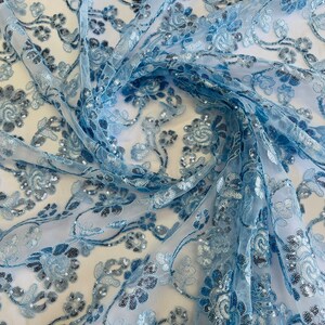 Mia Fabrics, Baby Blue Mesh Embroidery Corded Lace With Sequins, Flower ...
