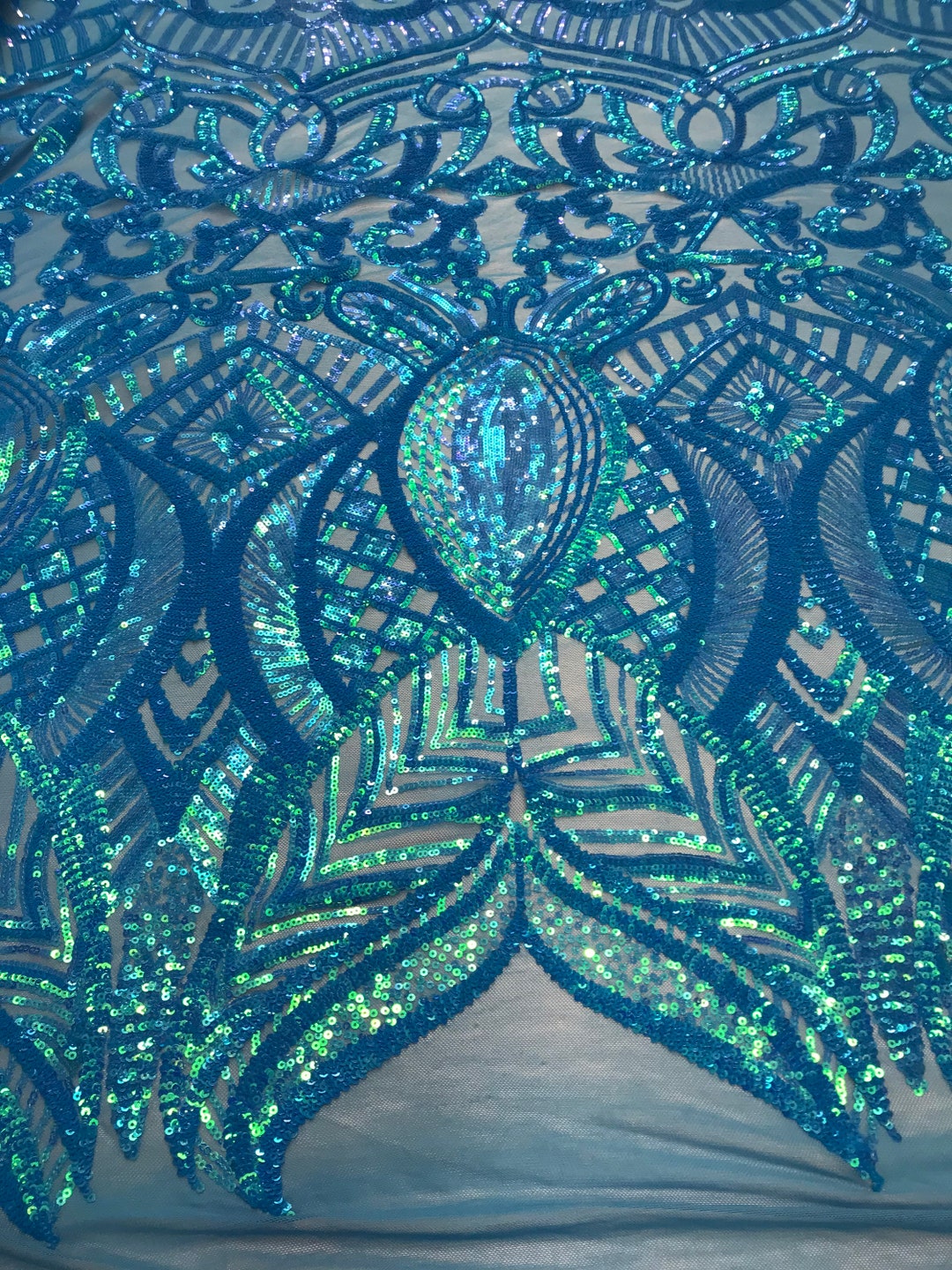 Iridescent Turquoise Sequin Fabric, Royalty Design Embroidered With ...