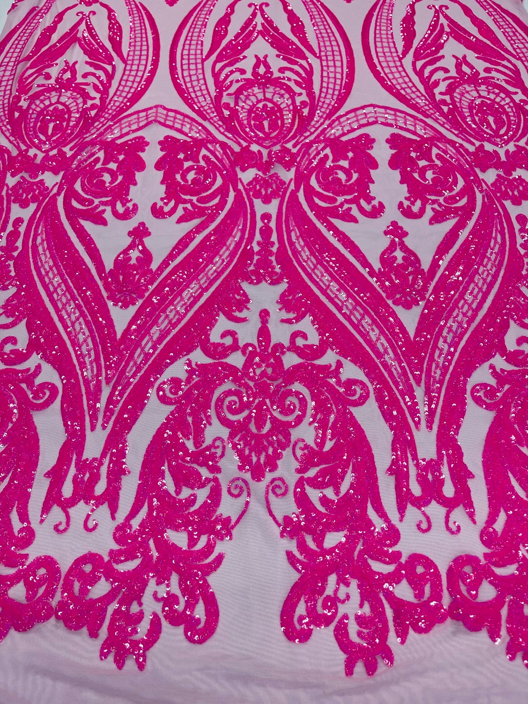 Iridescent Hot Pink on Light Pink Mesh - 4 Way Stretch Fancy Big Damask ...