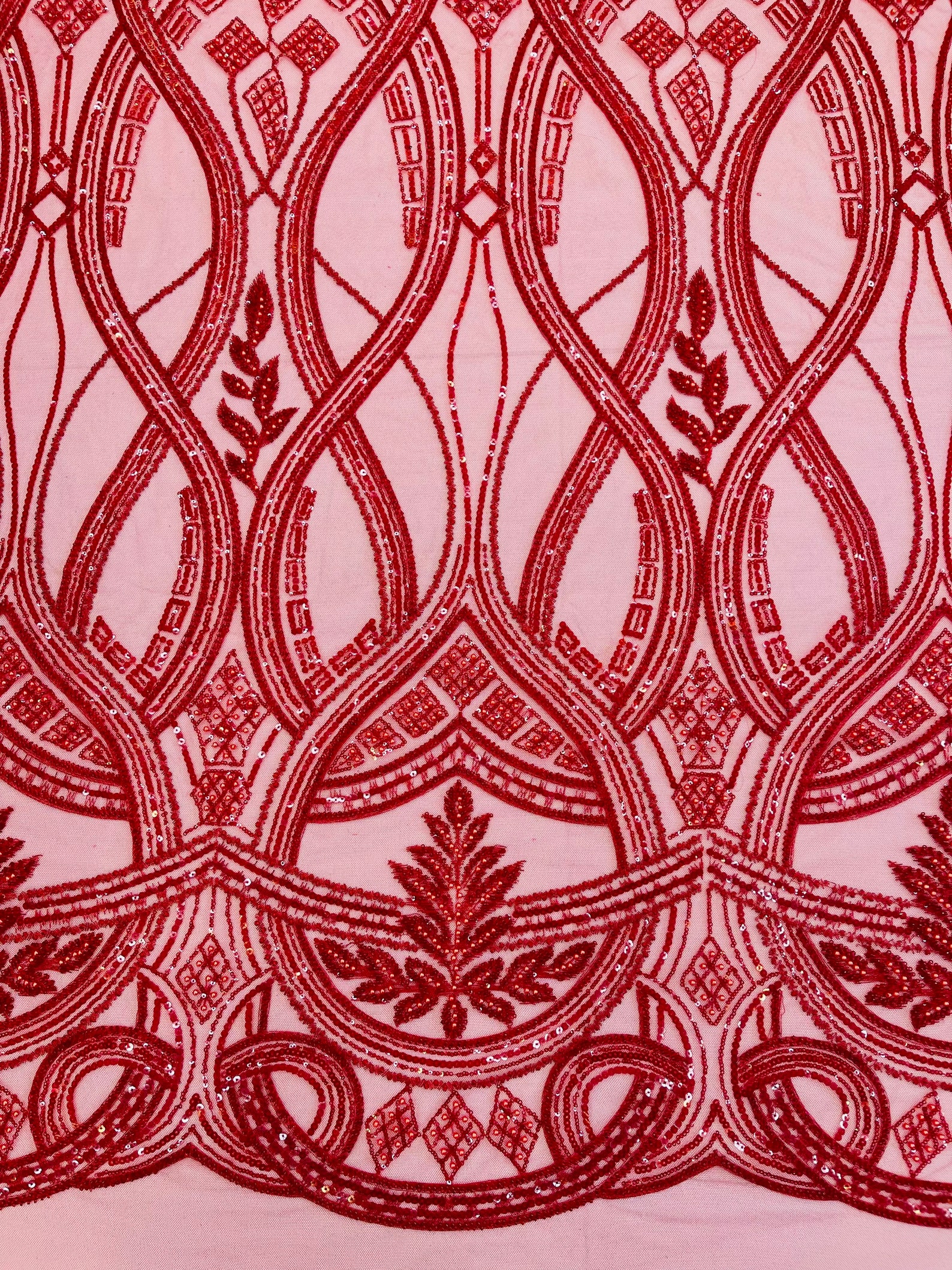 Red Fashion Design Bead Damask Fabric, Embroidered Elegant Design With ...