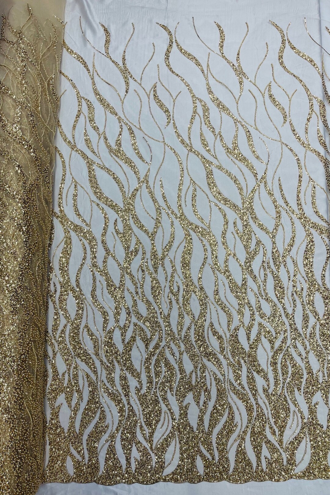 Gold Fire Flame Beaded Fabric by the Yard Bridal Wedding Beaded, Flame ...