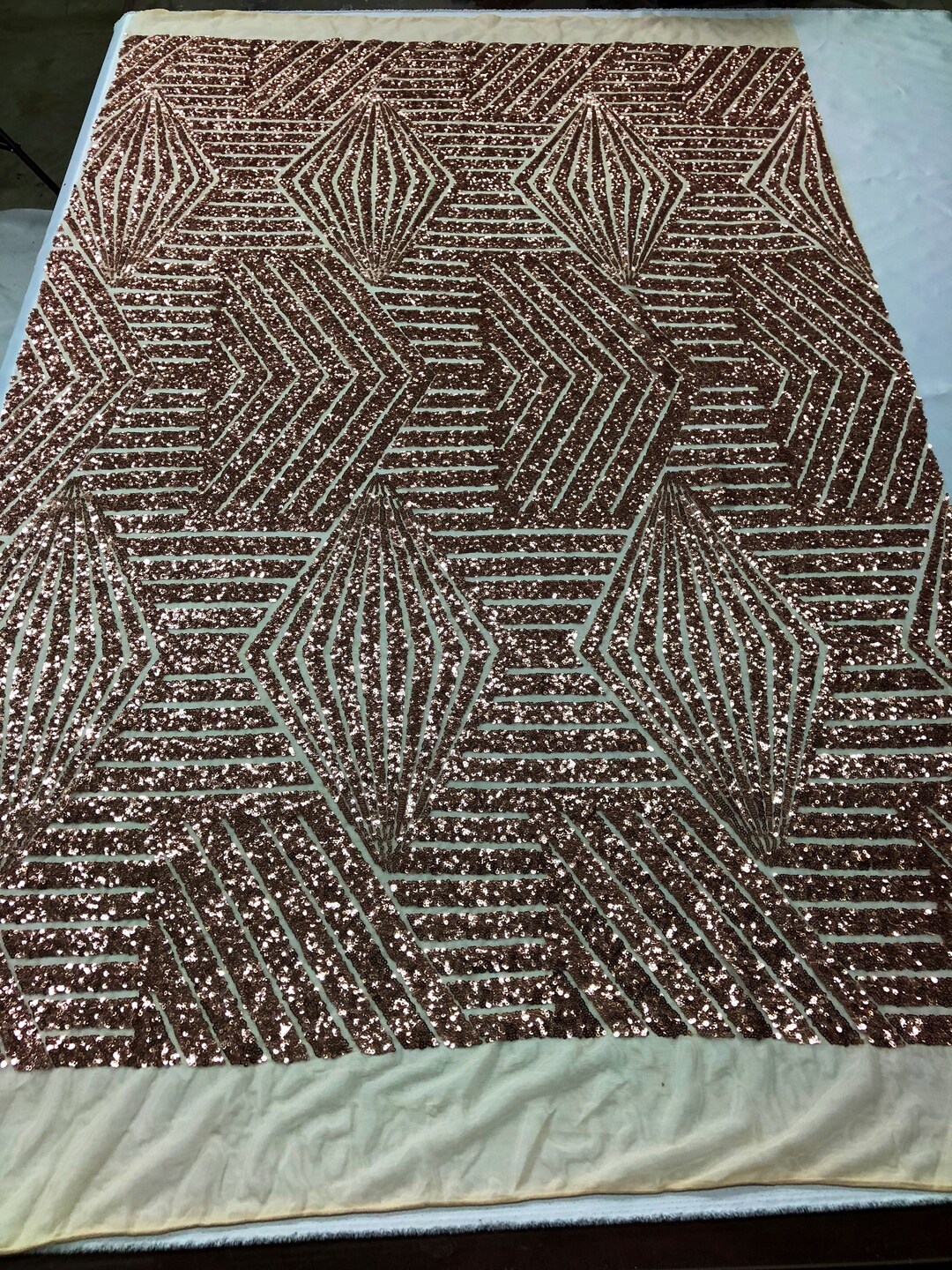 Rose Gold Geometric Design on a Mesh-prom-gown, 2 Way Stretch Sequin ...