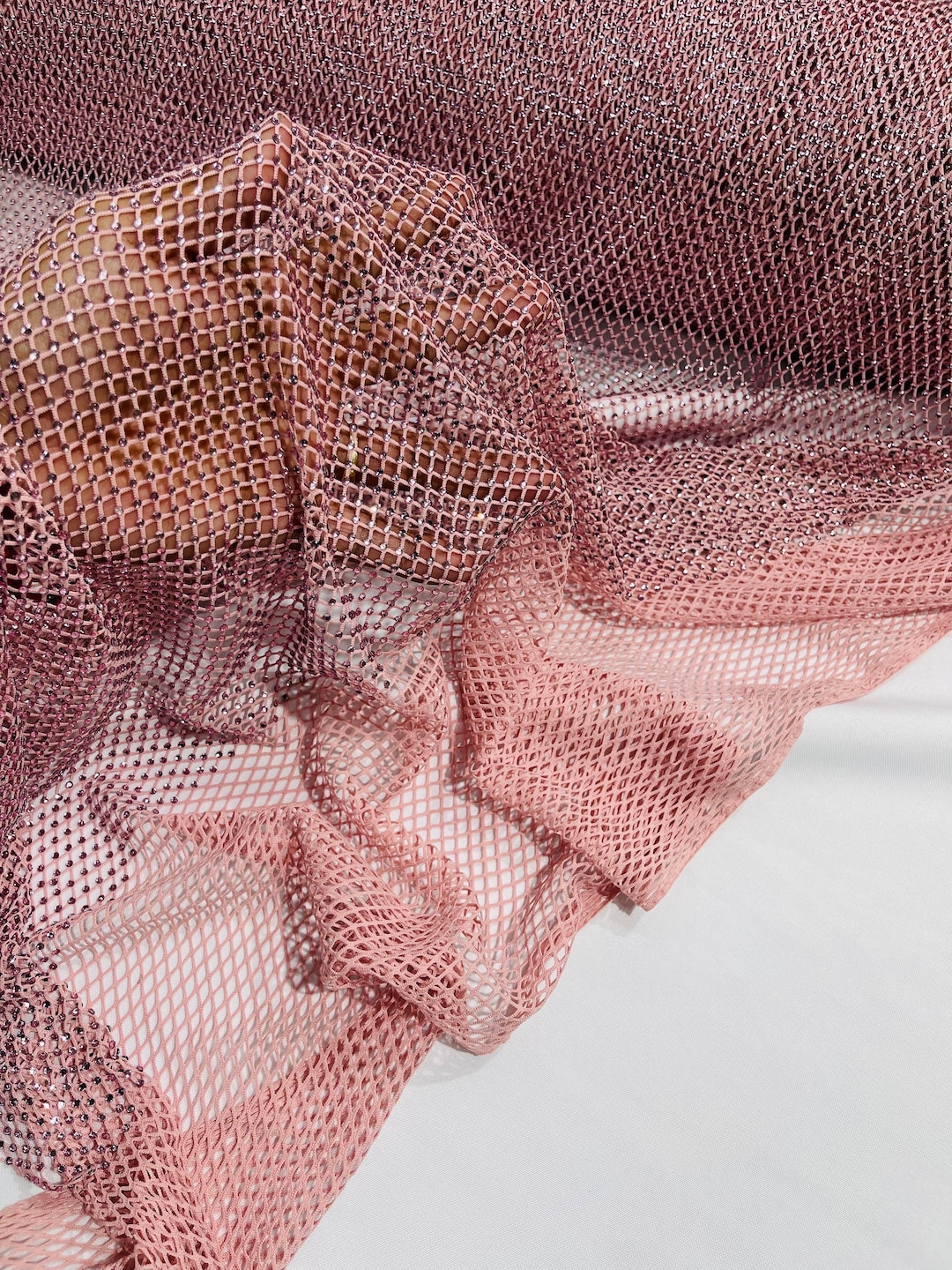 Dusty Rose Rhinestone Fishnet Fabric: Stretch Spandex, Crystal Stones ...