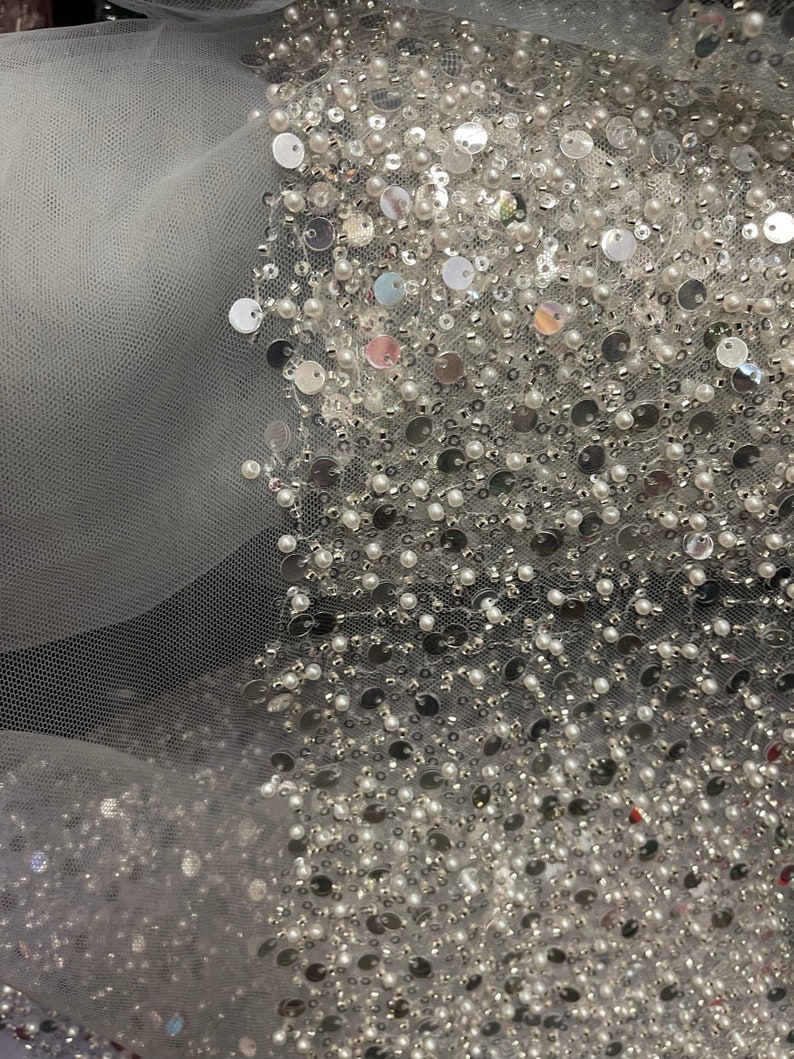 Silver Embroidery Beaded Fabric by the Yard With Sequin Fabric, Sequin ...