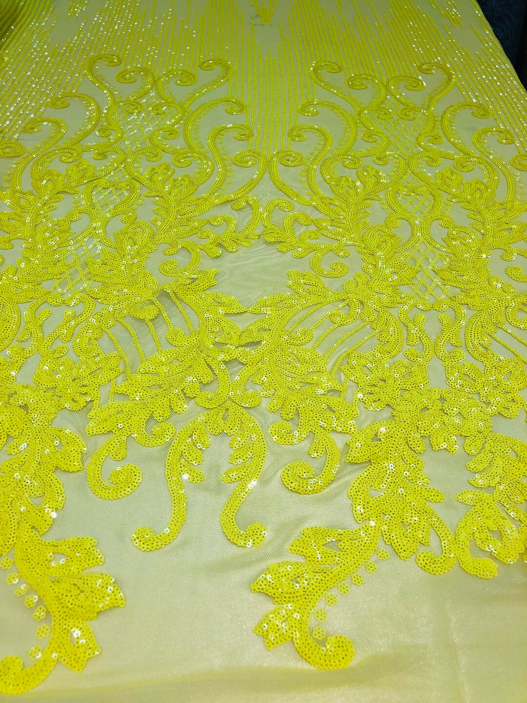 Yellow Sequin Lace Fabric – Embroidered Damask Design on Mesh - Etsy
