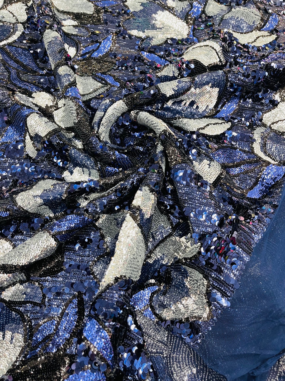 Navy Sequin Fabric Orchid Flower Desing by the Yard Embroidery Full of ...