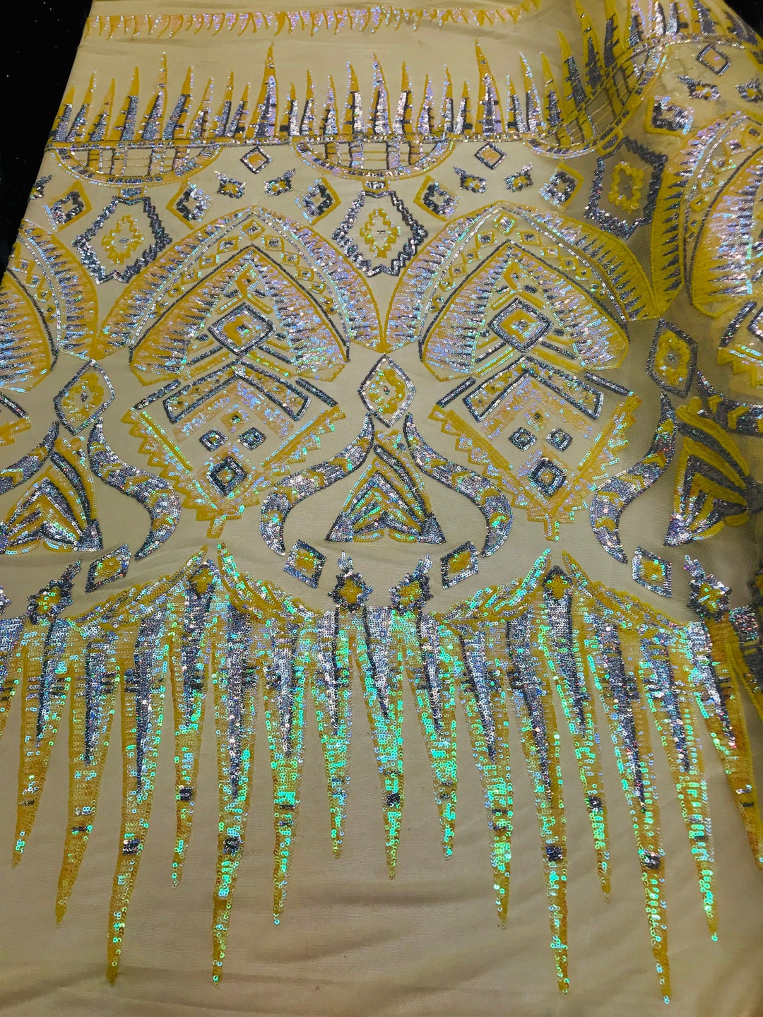 Iridescent Yellow Sequin Fabrics, Aztec Design 4way Stretch Embroidery ...