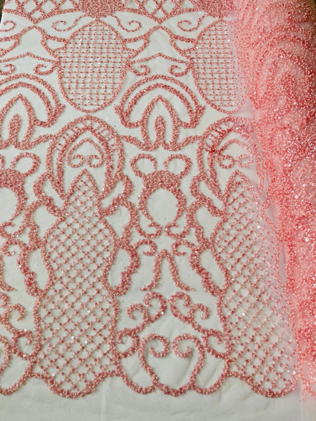 Pink Beaded Fabric by the Yard, Bridal Wedding Beaded, Damask Pattern ...