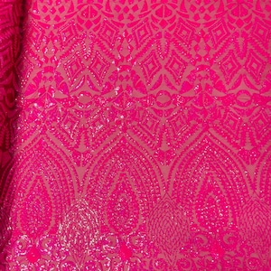 Hot Pink Holographic Sequin Fabric – Geometric Embroidery on Mesh, 4 ...