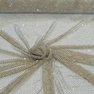 Iridescent Rhinestones Fabric on Champagne Stretch Net Fabric, Spandex ...