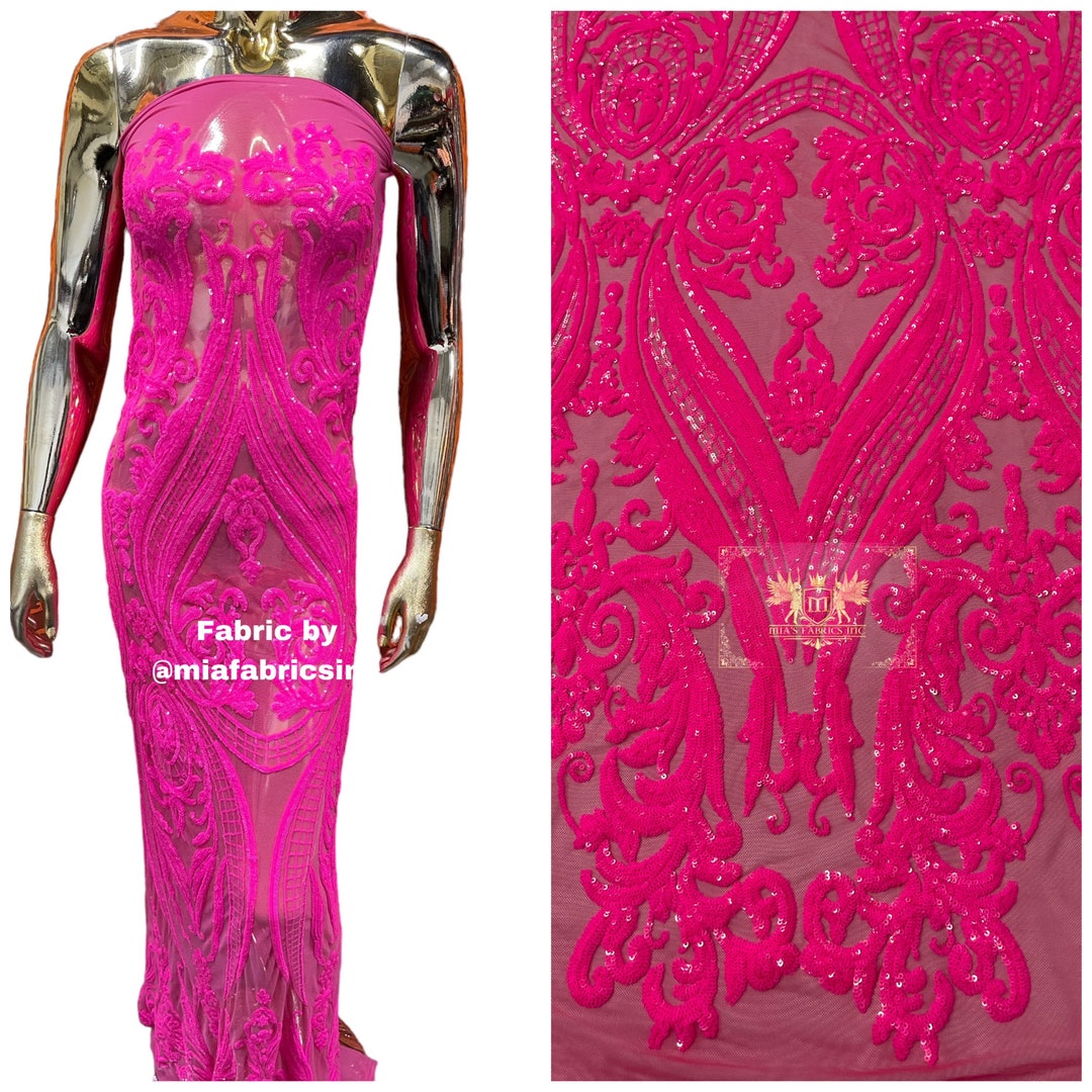 Neon Pink Sequin Fabric 4 Way Stretch Fancy Big Damask Design Sequins ...