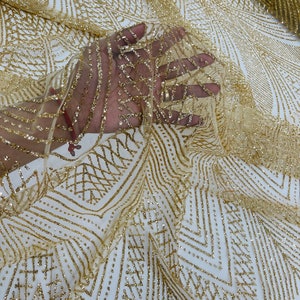 Gold Glitter on Mesh Lace Fabric by the Yard for Wedding Decor Damask ...