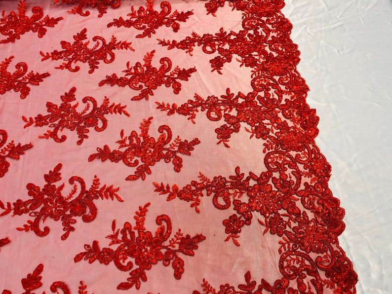 Red Lace Fabric Corded Flower Embroidery With Sequins on a - Etsy