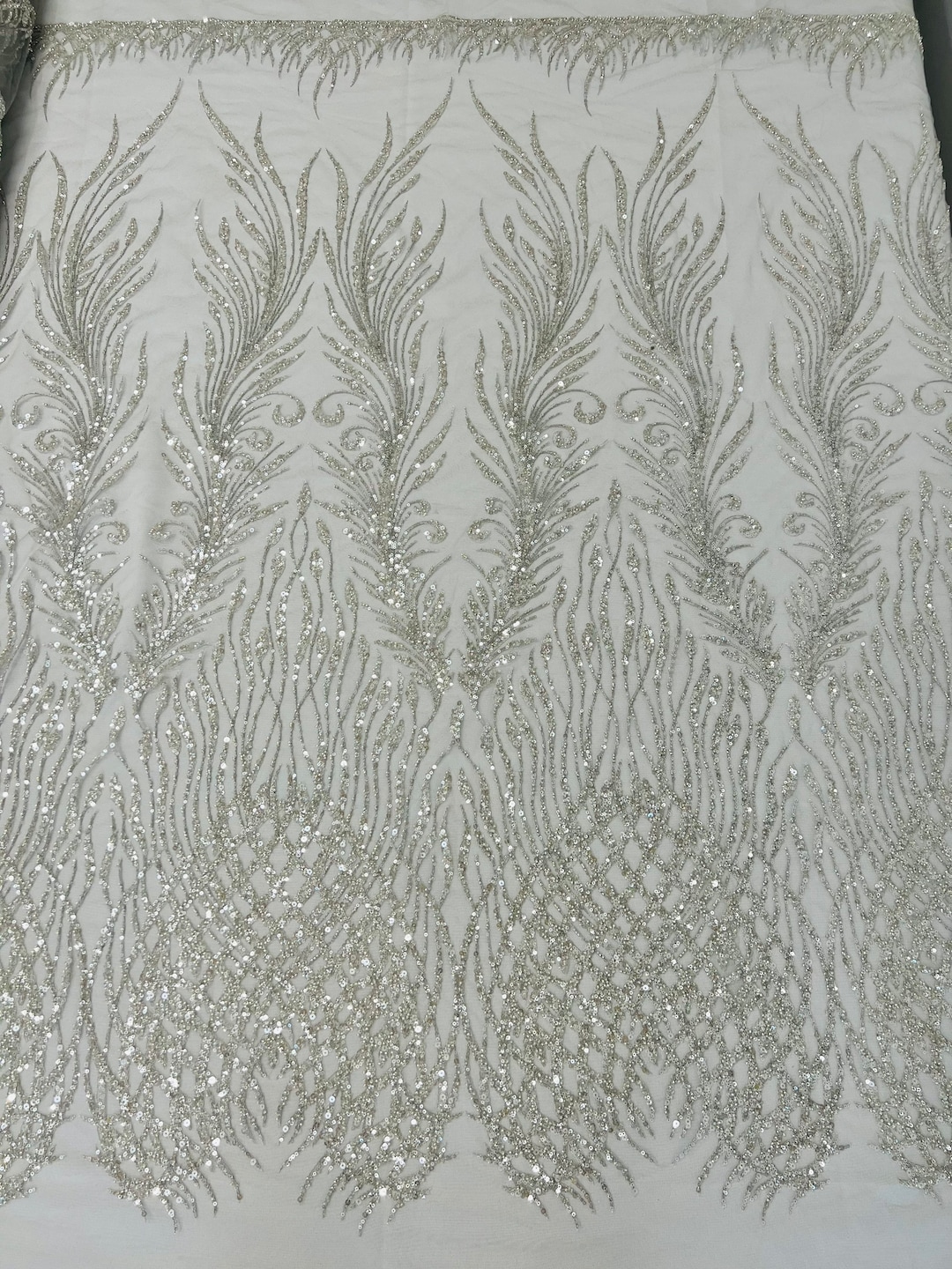 Silver Beaded Fabric by the Yard, Bridal Heavy Beaded, Damask Pattern ...