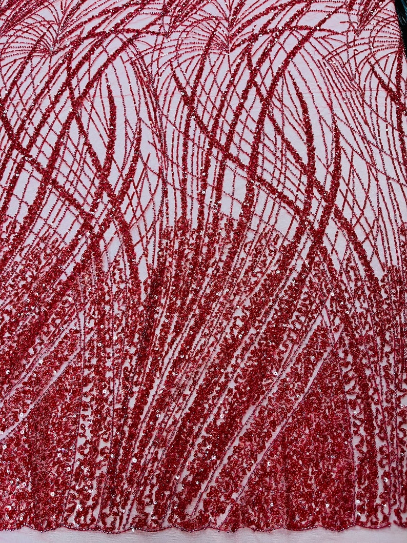 Red Fashion Design Beads and Sequins, Beaded Fabric Embroidered on a ...