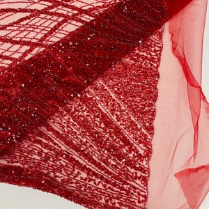 Red Fashion Design Beads and Sequins, Beaded Fabric Embroidered on a ...