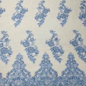 Baby Blue Embroidery Beaded Fabric With Sequin on a Mesh, Baby Blue ...