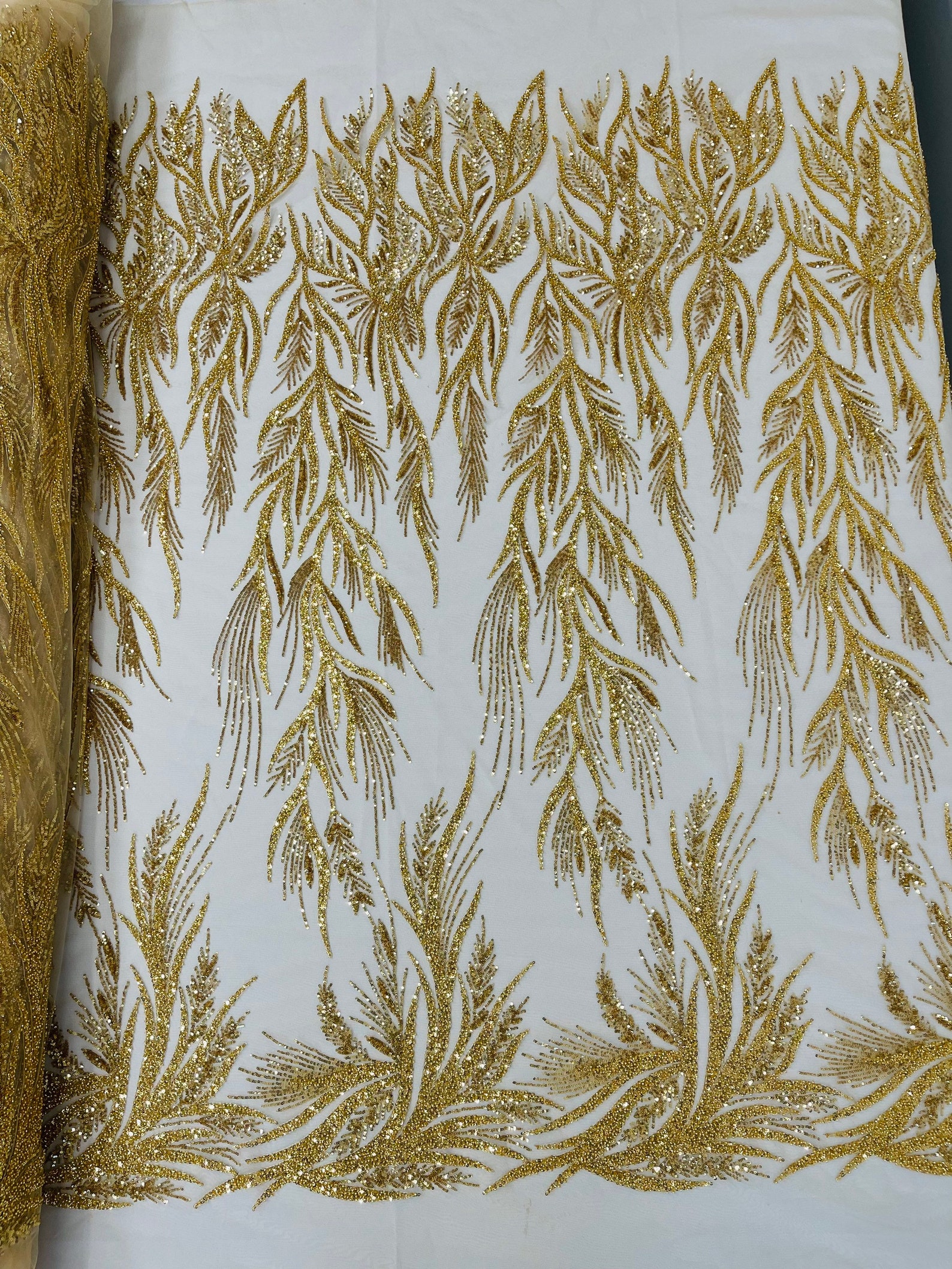 Gold Leaf Pattern Lines Beaded Fabric Embroidered Line - Etsy