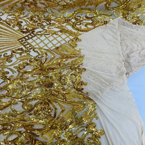 Gold Holographic Sequin Fabric, Selena Damask 4-way Stretch Lace Mesh ...