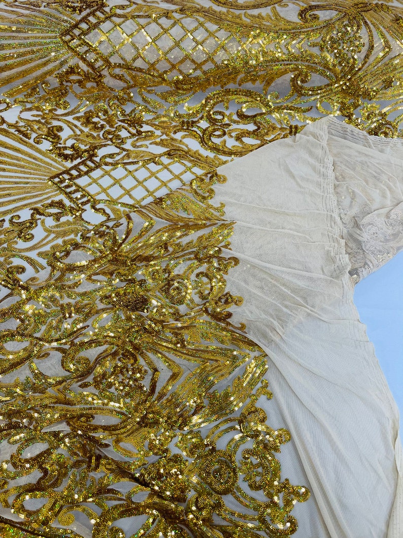 Gold Holographic Sequin Fabric, Selena Damask 4-way Stretch Lace Mesh ...