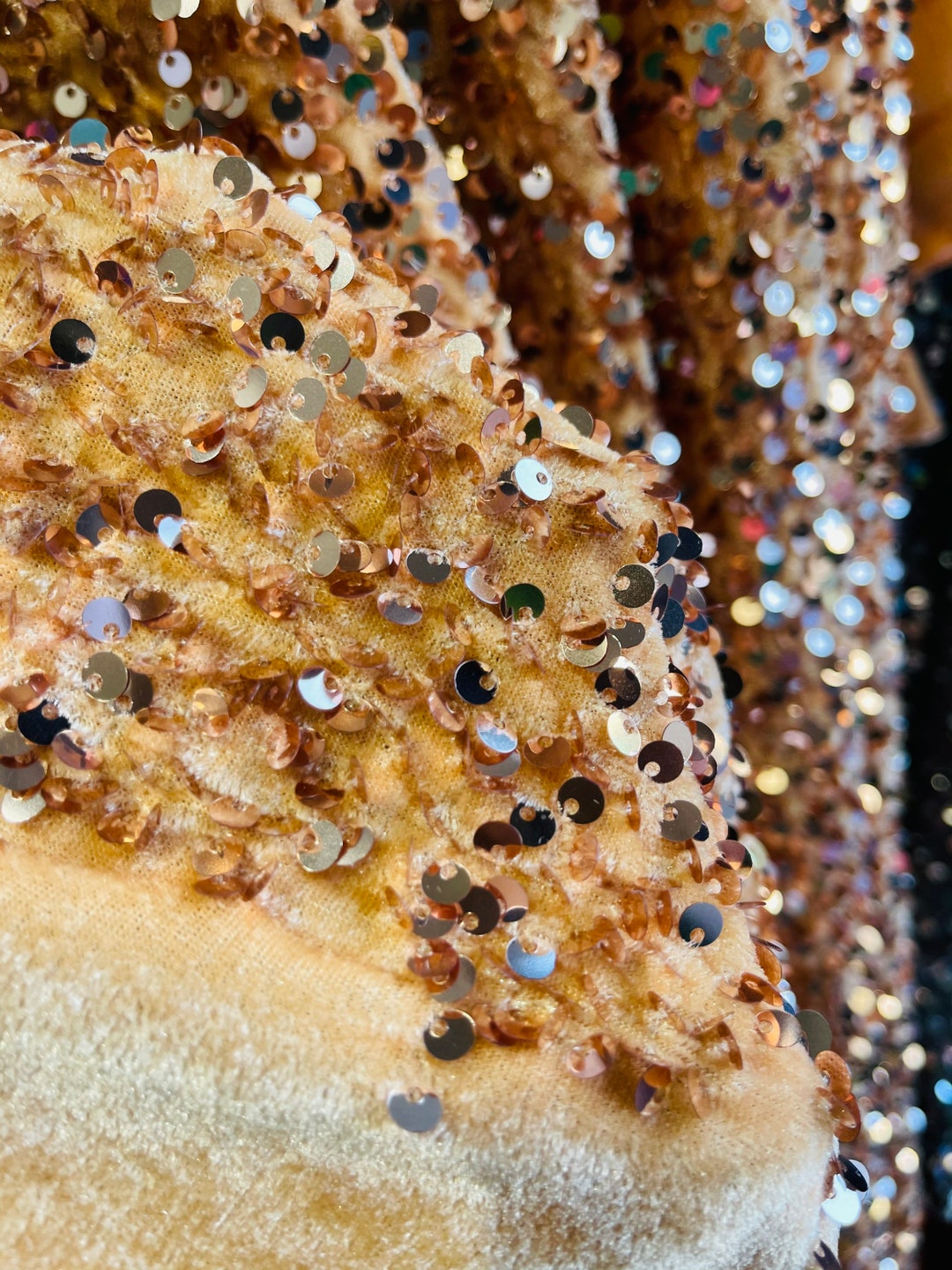 Champagne Sequin Camel Velvet Fabric: 5mm Luxury Sequins, 2-way Stretch ...