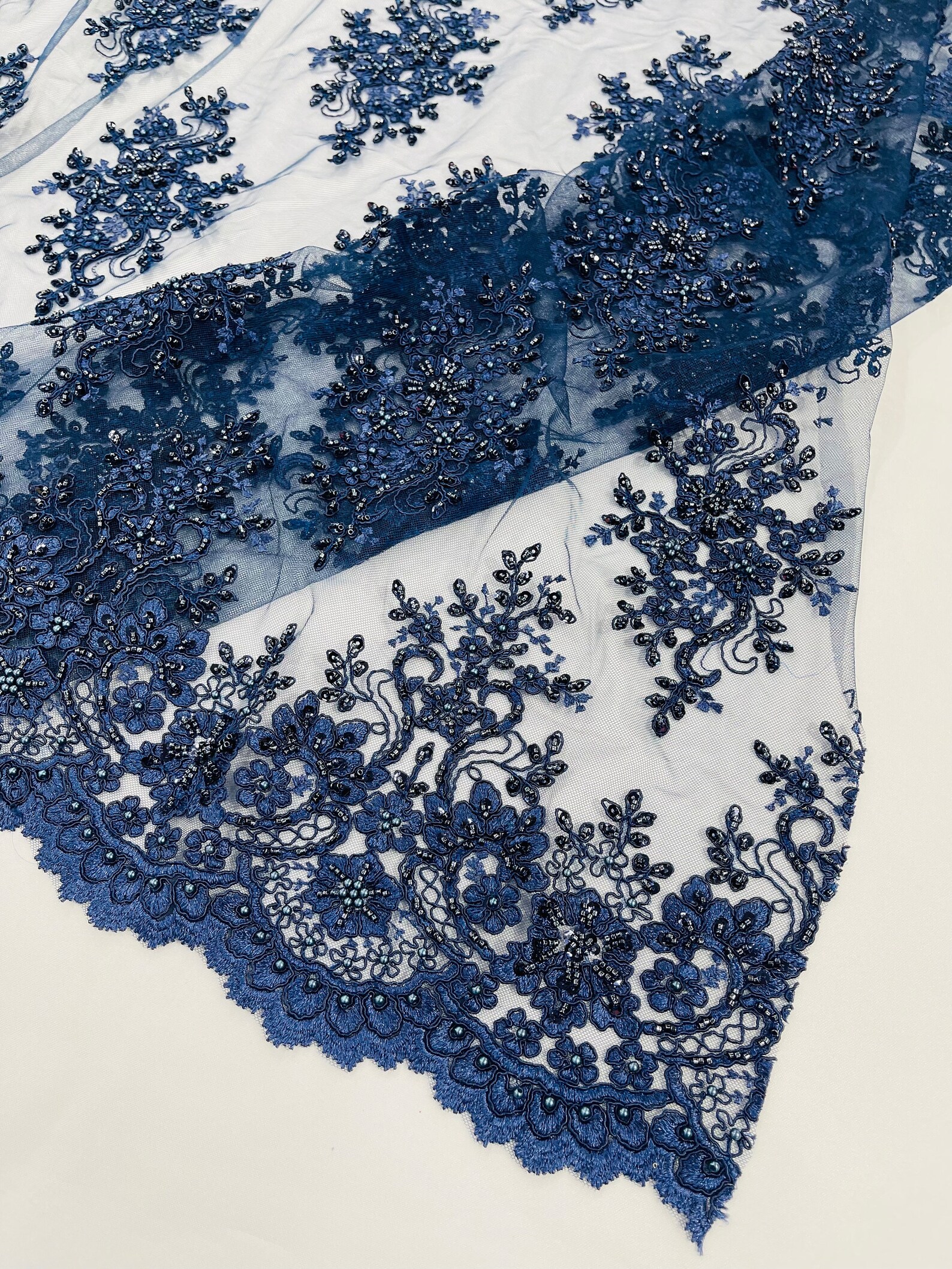 Isabela Desing Navy Blue Embroidery Beaded Fabric With Sequin on a Mesh ...
