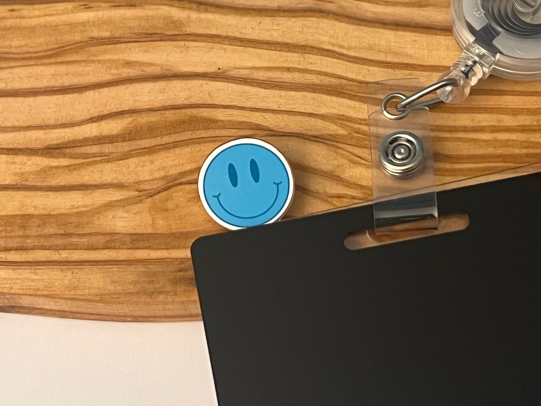 Blue Retro Smiley Face Badge Buddy Topper - ID Badge Accessories ...