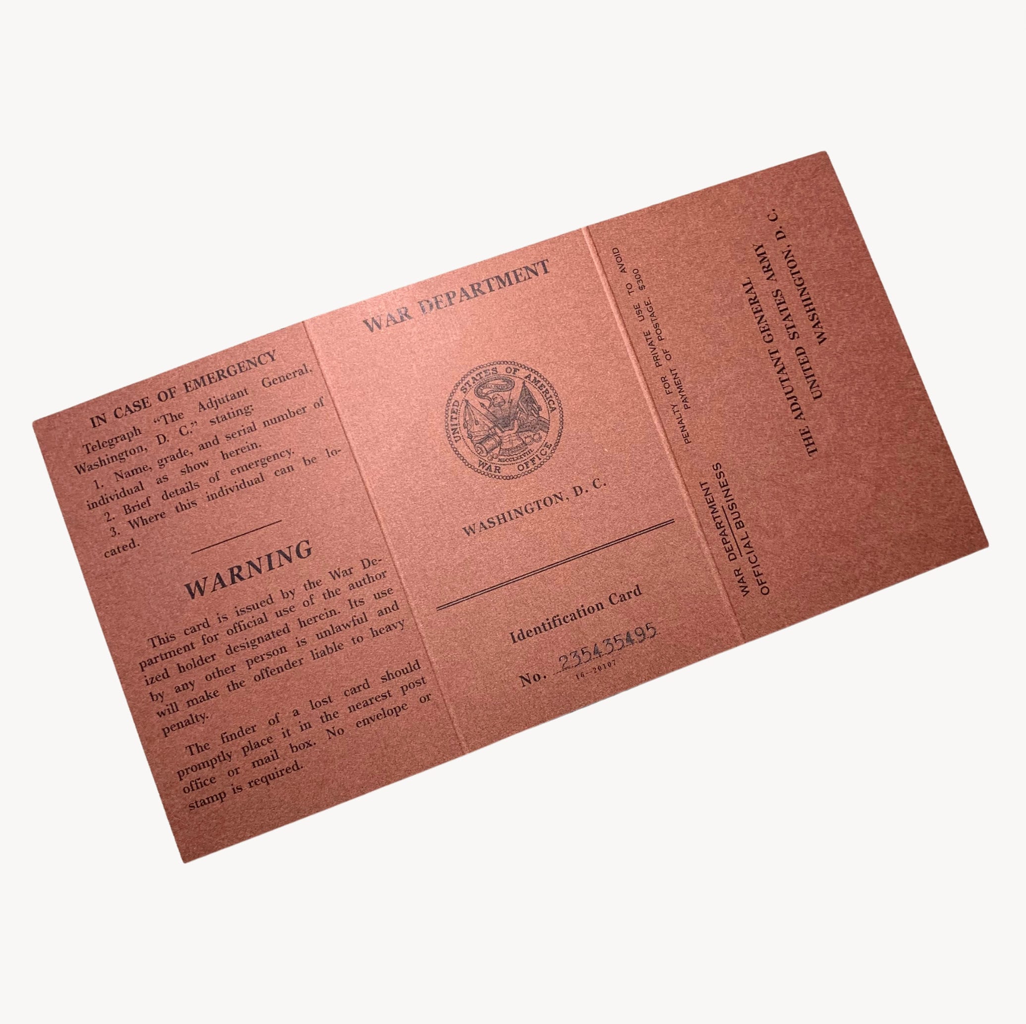 US Army Custom ID Card for WW2 GI Reenactment Pocket Filler, Film Prop ...