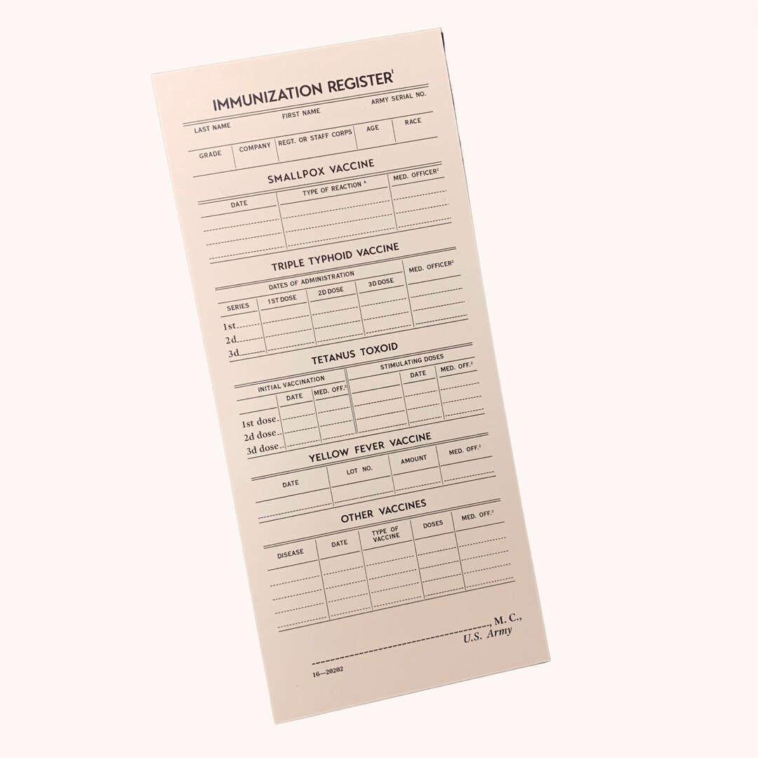 Immunisation Medical Sheet Record for US Army WW2 GI Reenactment Pocket ...