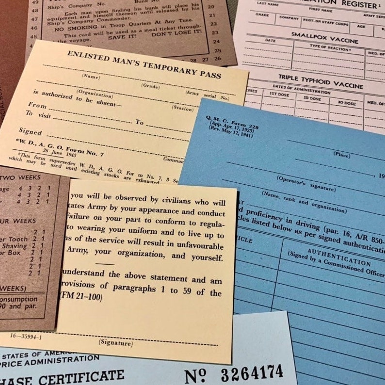 Paperwork Set for US Army WW2 GI Reenactment Pocket Filler, Film Prop ...
