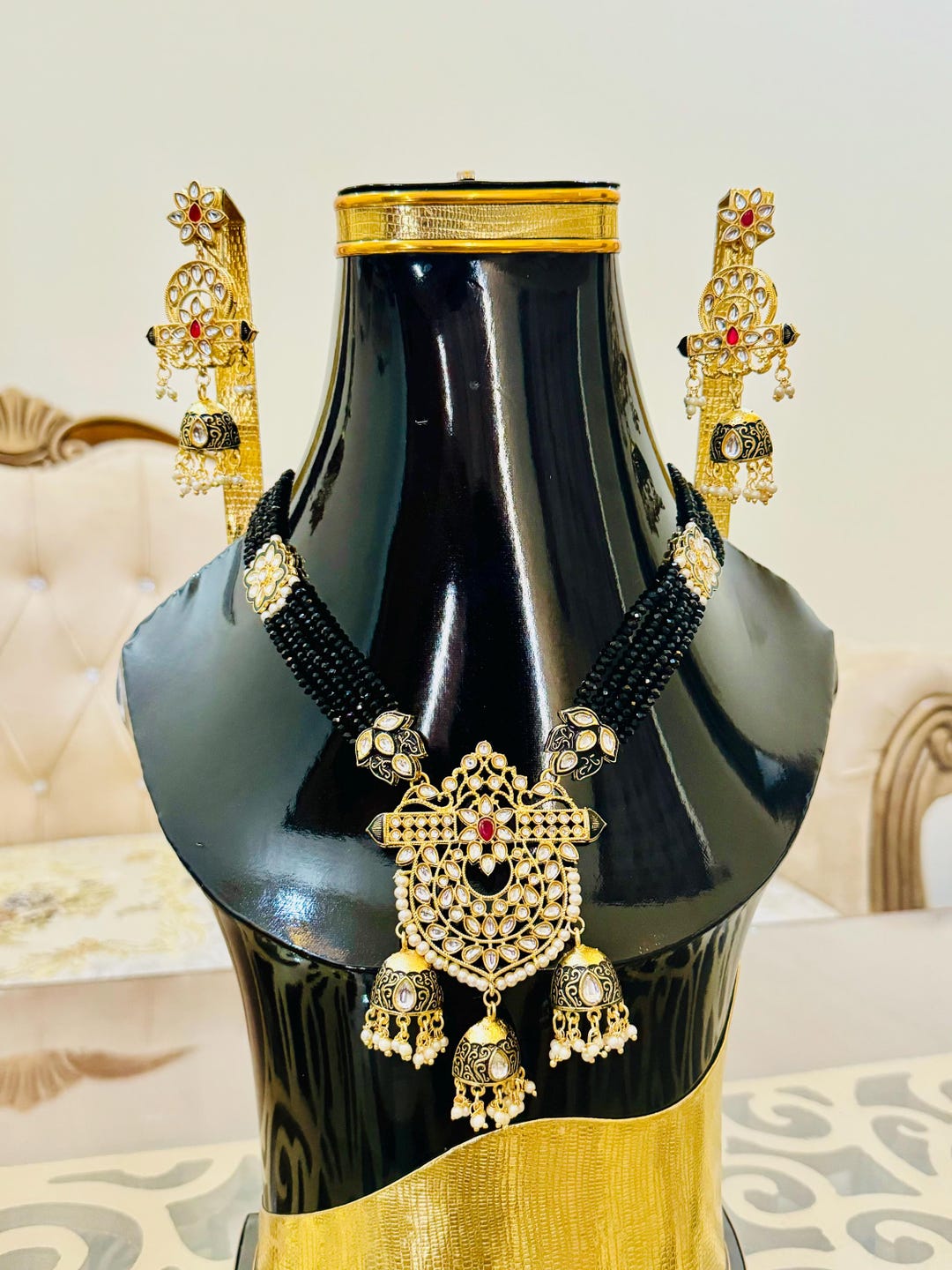 Antique Indian Mala Jewelry Set Black Beads Maharani Choker With ...