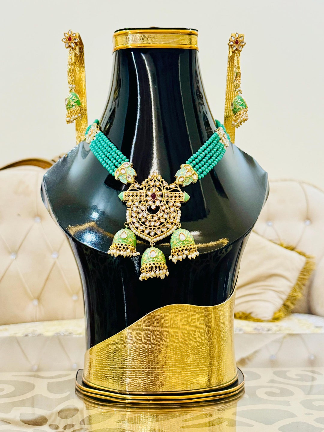 Antique Indian Mala Jewelry Set -green Beads Maharani Choker With ...