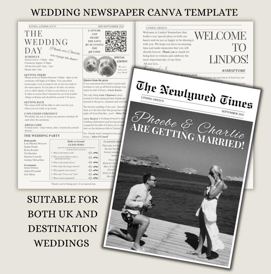 Wedding Newspaper Template, Wedding Program, Newlywed Times, Save the ...