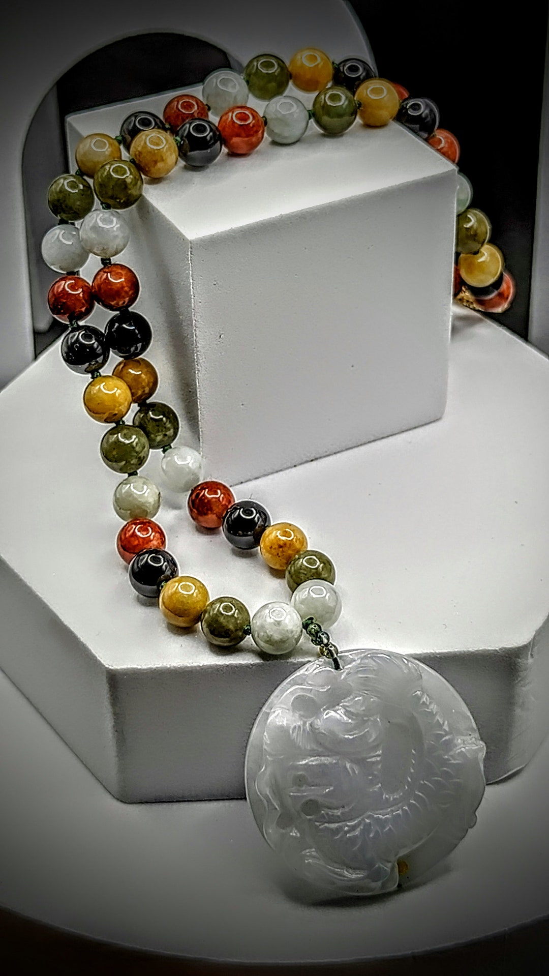 Carved Jade Dragon Pendant Necklace: 14K Gold Filigree, Multi-colored ...