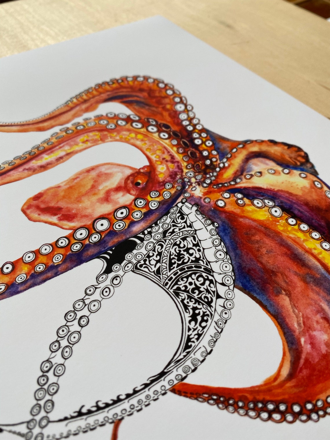 Octopus Original Watercolor Painting With Marker Art Details | Etsy