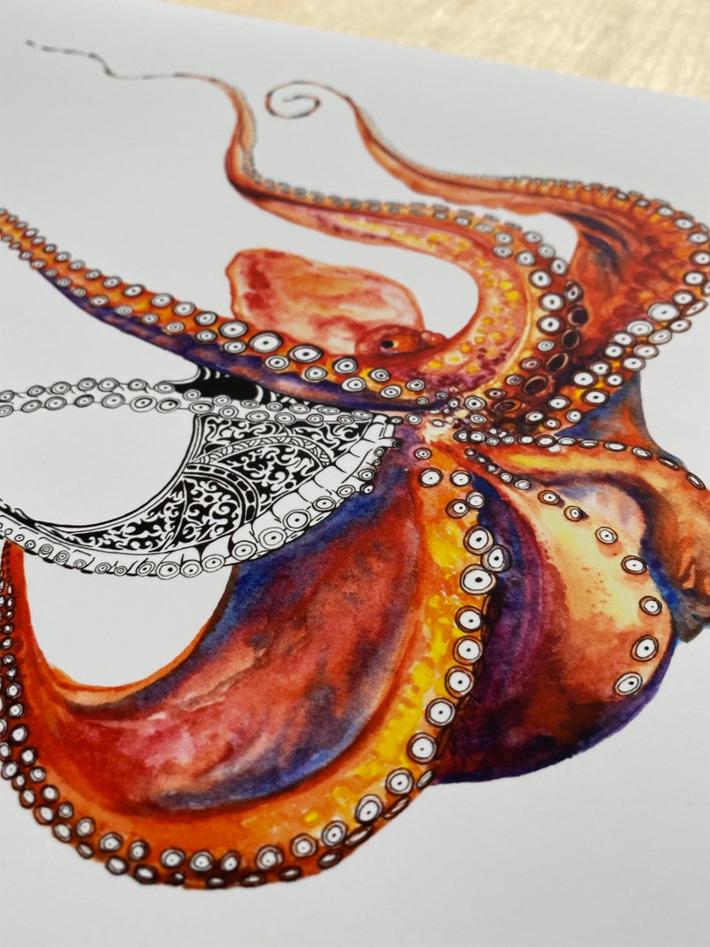 Octopus Original Watercolor Painting With Marker Art Details | Etsy