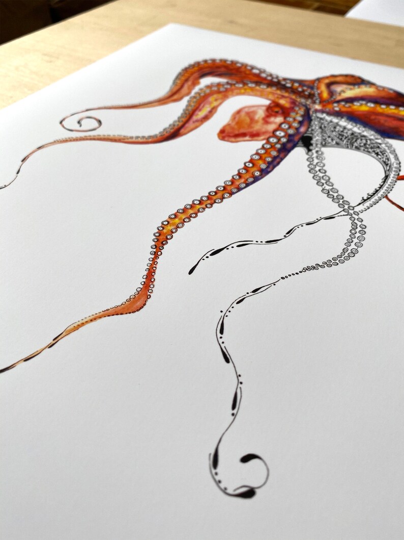 Octopus Original Watercolor Painting With Marker Art Details | Etsy