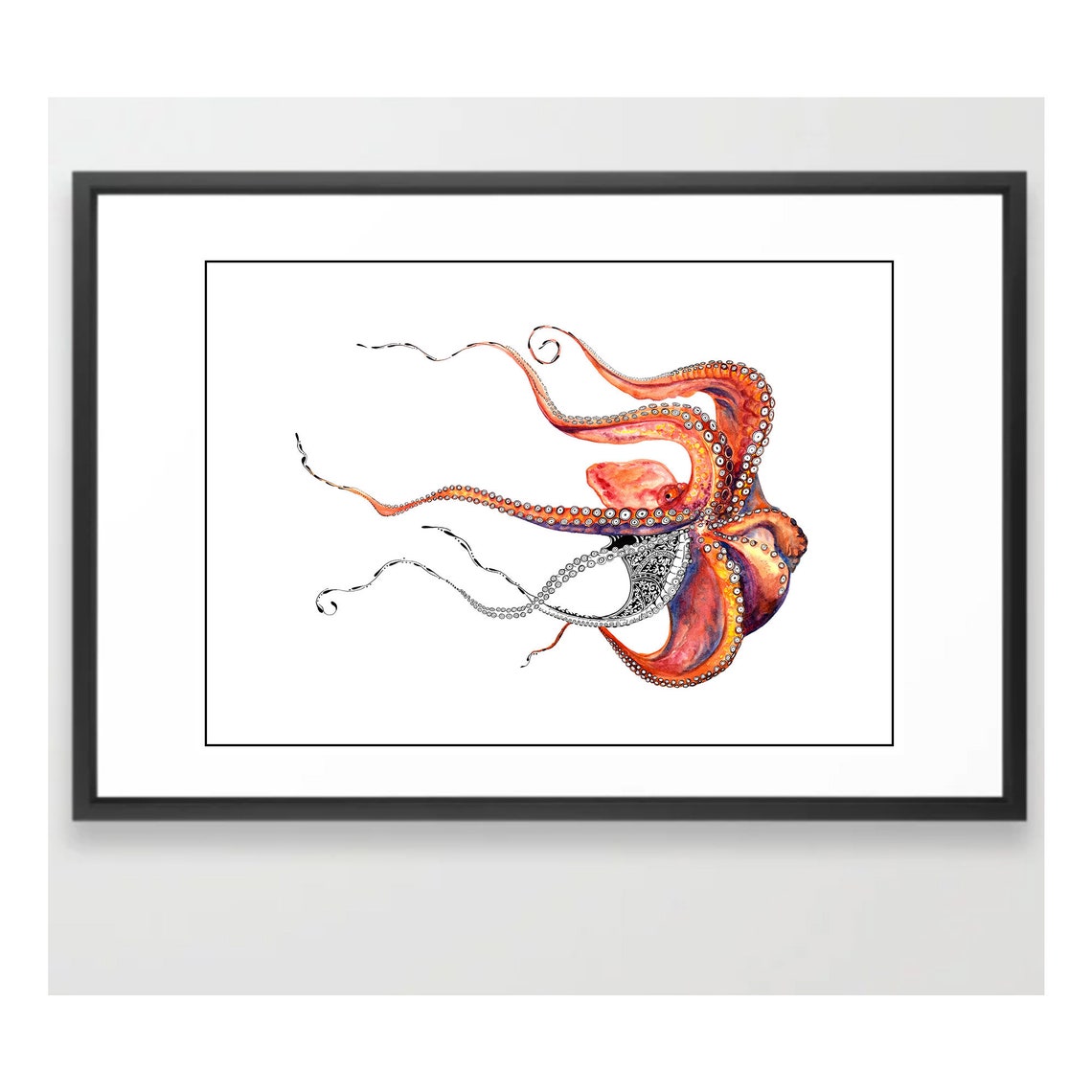 Octopus Original Watercolor Painting With Marker Art Details - Etsy