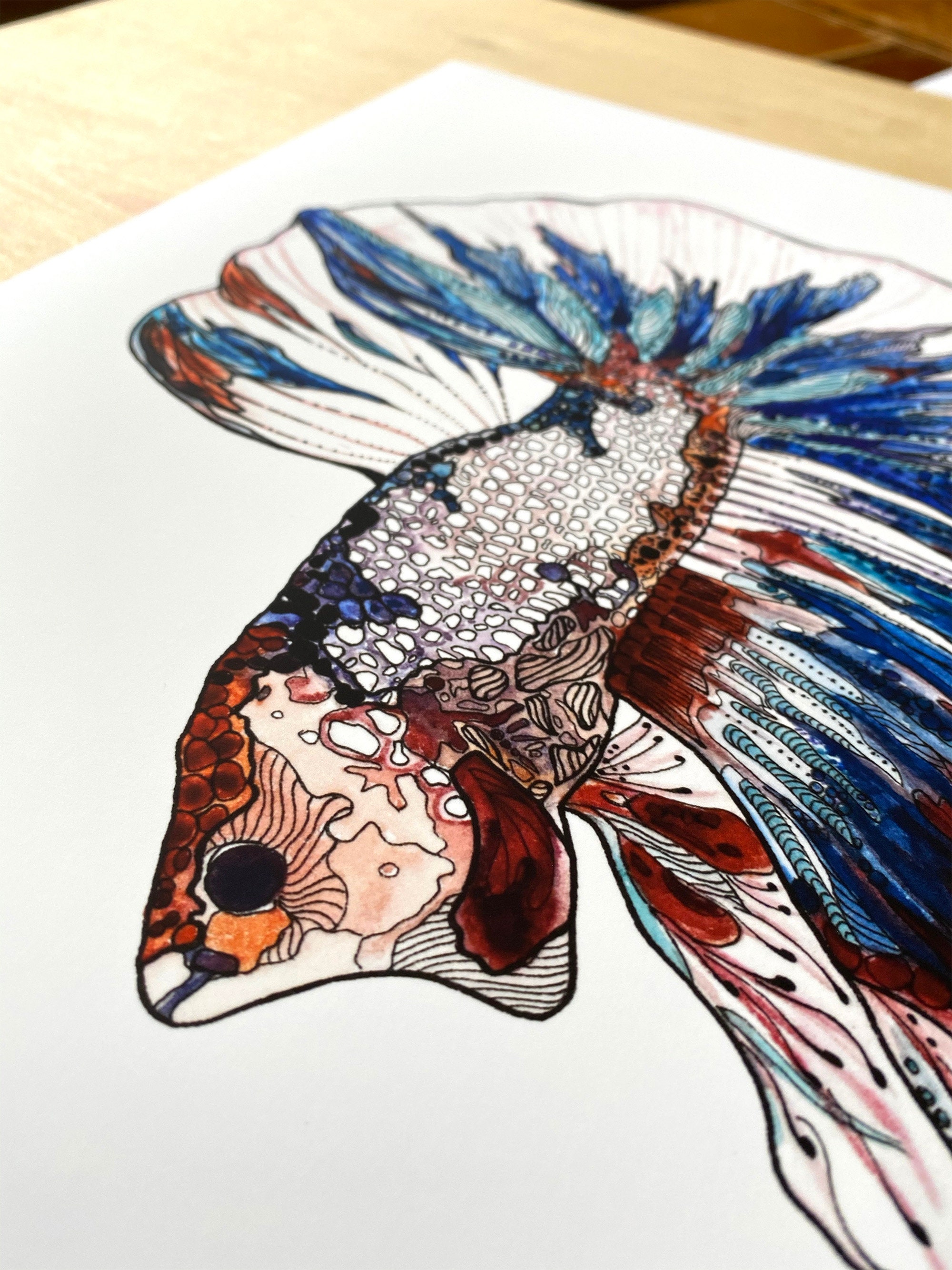 Betta Fish Original Watercolor Painting With Marker Art Details Giclee ...