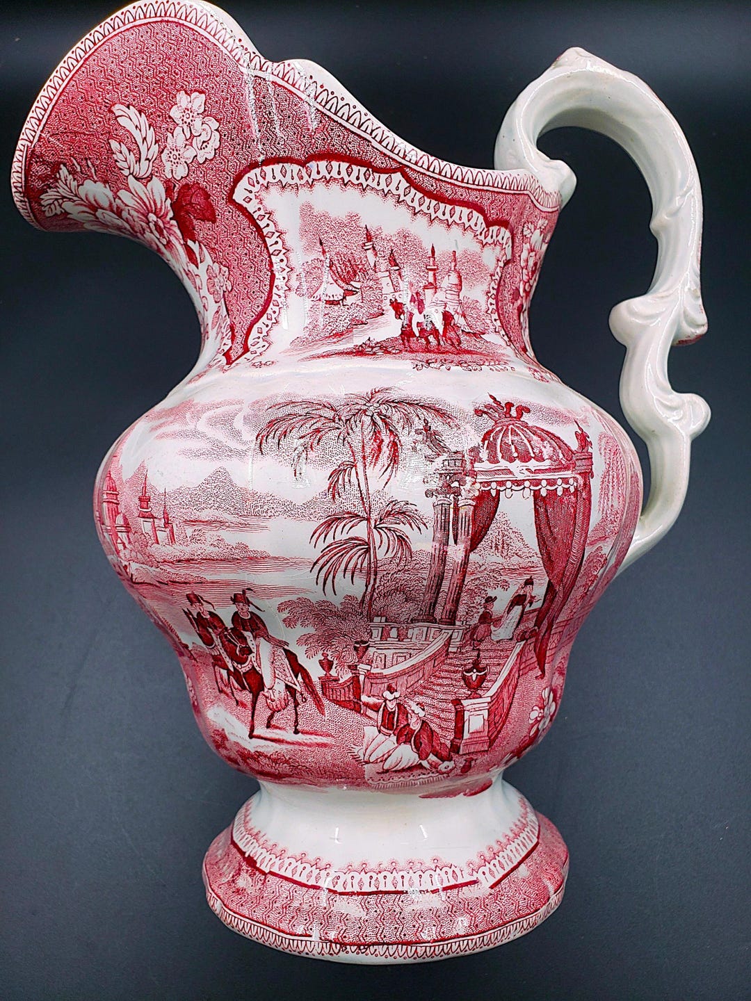 Large Red Transfer Pitcher by Adams in Palestine Pattern Circa 1830's ...
