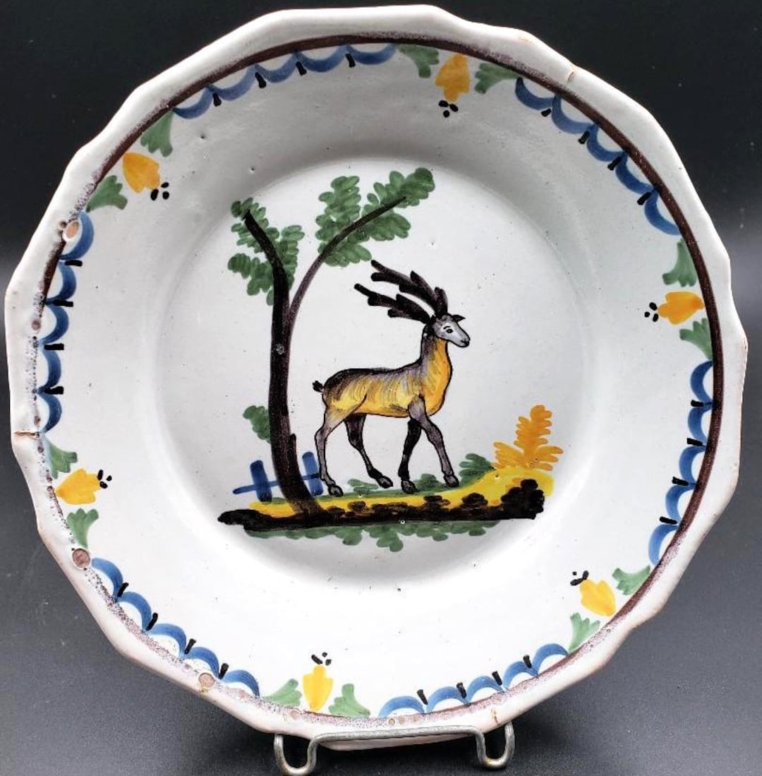 Antique 18th-century Nevers Faience Plate With a Depiction of Male Deer ...