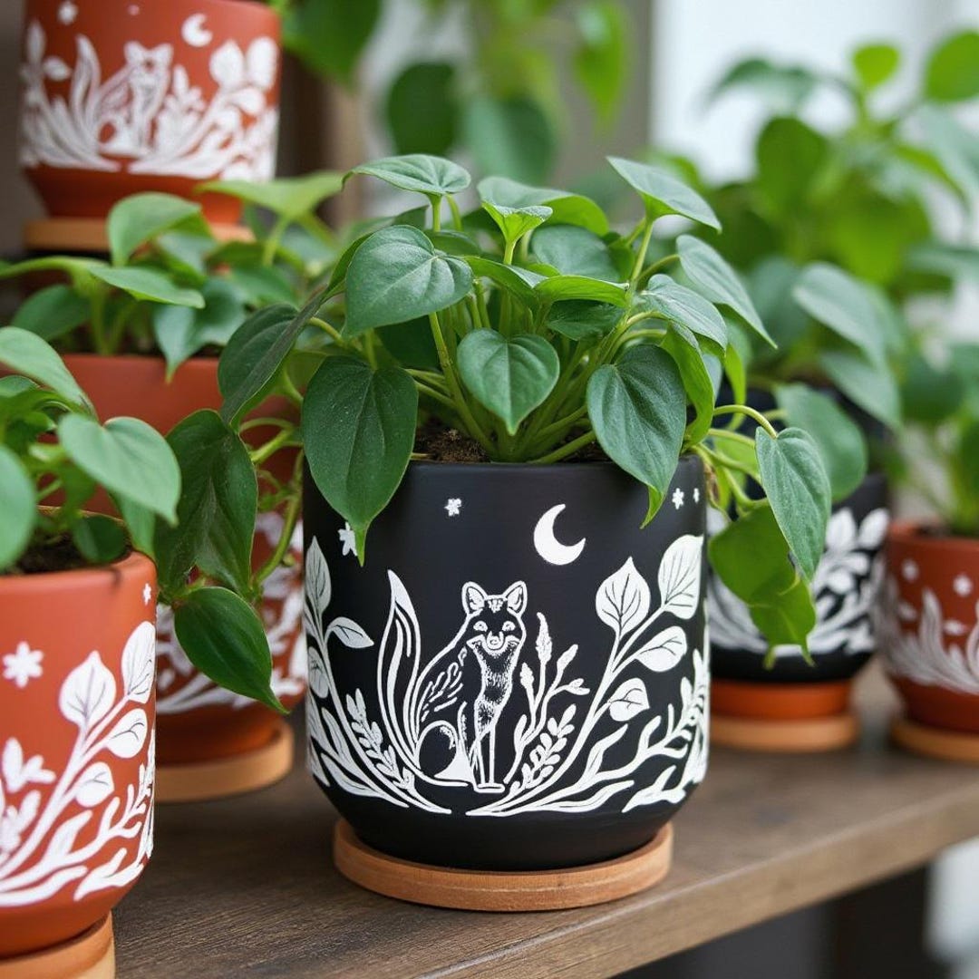 6 Inch Fox Planter | Terracotta Sgraffito Boho | Natural Fairy Forest ...